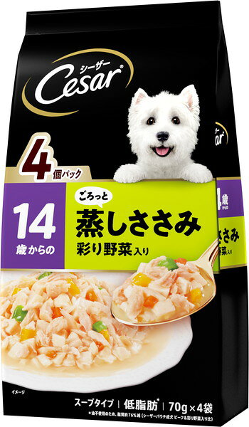 14歳からの愛犬のために。低脂肪なささみをふっくら蒸して、低カロリー※に仕上げました。厳選されたささみに彩り野菜を加えて、丁寧に調理し、素材のおいしさをそのまま閉じ込めました。高齢犬にも食べやすく、ささみを細かくほぐしています。グルコサミン...
