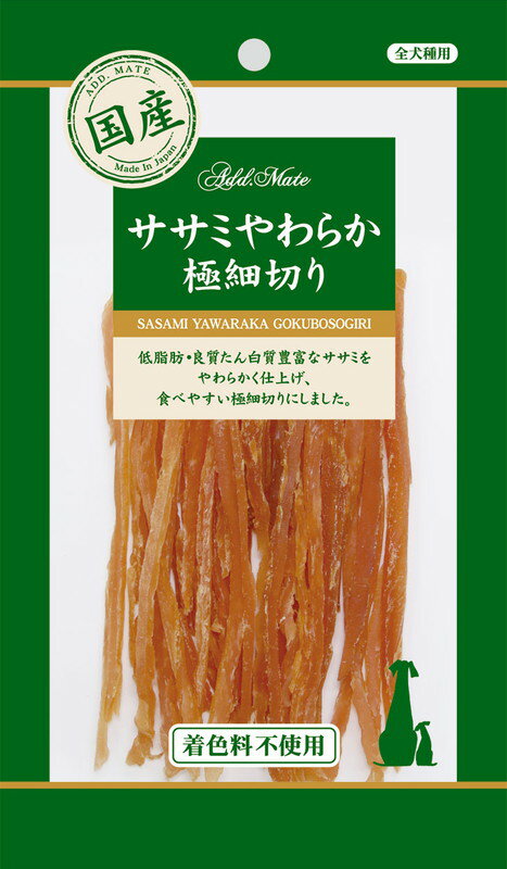 ・低脂肪、良質たん白質豊富なササミをやわらかく仕上げ、食べやすい極細切りにしました。 ・小型犬、シニア犬にも食べやすいしっとりやわらか食感 ・着色料 不使用 【原材料】 鶏ササミ、食塩、グリセリン、プロピレングリコール、発色剤、酸化防止剤 ...