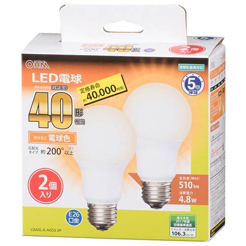 特　徴●定格寿命が約40000時間のLED電球●明るさの目安は白熱電球40形相当●約200°以上の広配光タイプ●密閉器具対応●省エネ法2017年度目標基準達成●電球色●口金：E26●2個入り●5年保証仕　様■寸法：全長…110mm、最大径…...