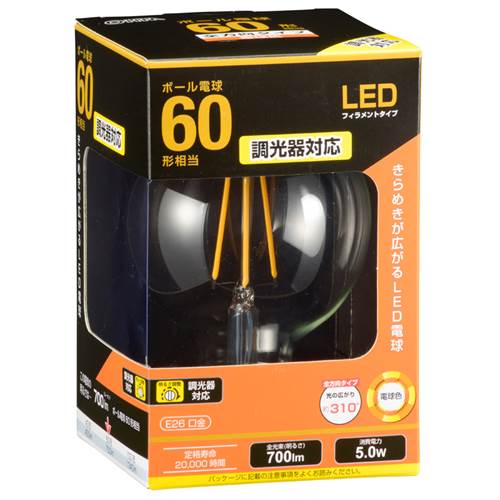 特　徴●ボール電球60形相当●フィラメントタイプLED　きらめきが広がるLED電球●調光器対応（明るさ調整）●全方向タイプ　光の広がり　約310°●全光束（明るさ）700ルーメン●消費電力5.0W●電球色●E26口金仕　様■寸法：全長…13...