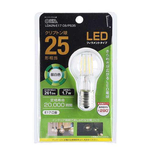 特　徴●クリプトン球25形相当●きらめきが広がるLED電球フィラメントタイプ●光の広がり約290°全方向タイプ●E17口金●昼白色仕　様■寸法：全長…67mm、最大径…35mm■質量：14g■定格消費電力：1.7W■定格入力電流：0.029...