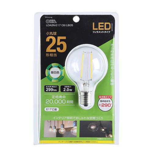 特　徴●小丸球25形相当●きらめきが広がるLED電球フィラメントタイプ●光の広がり約290°全方向タイプ●E17口金●昼白色仕　様■寸法：全長…80mm、最大径…51mm■質量：18g■定格消費電力：2.0W■定格入力電流：0.032A■全...