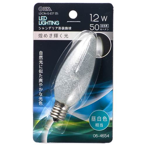 特　徴●LED電球 シャンデリア球形 装飾用●シルバーラメ加工で煌めき輝く光●自然光に似た爽やかな光色●切れにくく長寿命●消費電力が少なく、電気代が安い●一般電球と比べ発熱が少ない●昼白色相当 銀色ラメ加工●口金はE17仕　様■寸法：全長9...