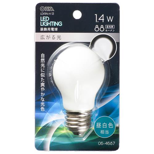 特　徴●LED電球 一般電球形 装飾用●自然光に似た爽やかな光色●切れにくく長寿命●消費電力が少なく、電気代が安い●一般電球と比べ発熱が少ない●昼白色相当●口金はE26仕　様■寸法：全長84×最大径48mm■質量：35g■定格消費電力：1....