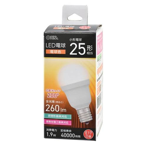 特　徴●全光束260ルーメン、小形電球25形相当の明るさ●光の広がり約200°の広配光タイプ●密閉形器具対応●断熱材施工器具対応●省エネ法2027年度目標基準達成●E17口金●電球色●5年保証対象商品仕　様■屋内用（屋外使用禁止）交流電源1...