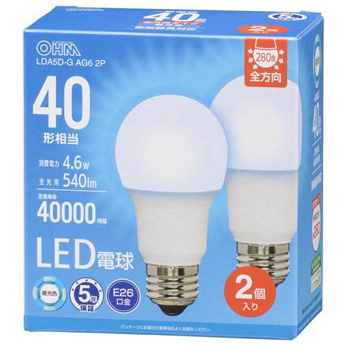特　徴●全光束540ルーメン、白熱電球40W相当の明るさ●光の広がり約280°の全方向タイプ●密閉器具対応●省エネ法2027年度目標基準達成●昼光色●口金はE26●LED5年保証対象商品●2個入り仕　様■寸法：全長…105mm、外径…55m...