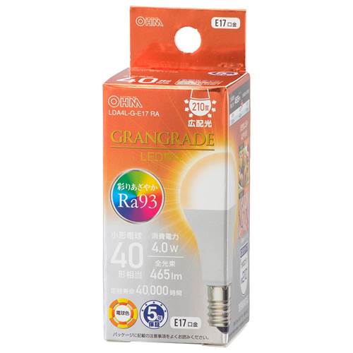 特　徴●彩りあざやかRa93「GRANGRADE」LED電球●自然光に近いあざやかさ●小形電球40形相当の明るさ●光の広がり約210°の広配光タイプ●密閉器具対応●断熱材施工器具対応●電球色●口金 E17●LED5年保証対象商品仕　様■寸法...