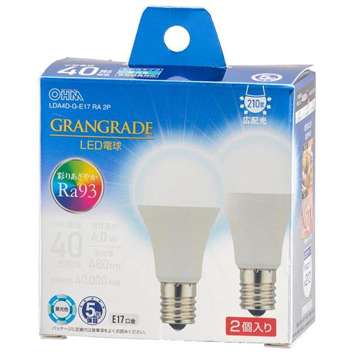特　徴●彩りあざやかRa93「GRANGRADE」LED電球●自然光に近いあざやかさ●小形電球40形相当の明るさ●光の広がり約210°の広配光タイプ●密閉器具対応●断熱材施工器具対応●昼光色●口金 E17●LED5年保証対象商品●2個入り仕...