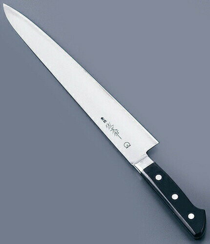 サイズ(cm)24全長(mm)360質量(g)200背厚(mm)2.5SA 佐文 業務用包丁（手研本刃付）佐文は本格派の技法を心にこめた、丹念な鋭い刃先が特長です。伝統の技を今に伝える切味は、時代を超越したプロの為の本職用包丁です。※包丁の...