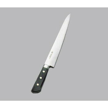 筋引 24cm ツバ付 日本鋼 正広作●刃渡寸法:24cm●庖丁は両刃、右仕様となります。●ズッシリとした手応えと抜群の切れ味を身上とする純日本鋼。研ぎ澄ました刃先に伝統の風格が漂います。