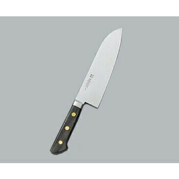 牛刀 17.5cm ツバ付 三徳型 日本鋼 正広作●刃渡寸法:17.5cm●庖丁は両刃、右仕様となります。●ズッシリとした手応えと抜群の切れ味を身上とする純日本鋼。研ぎ澄ました刃先に伝統の風格が漂います。