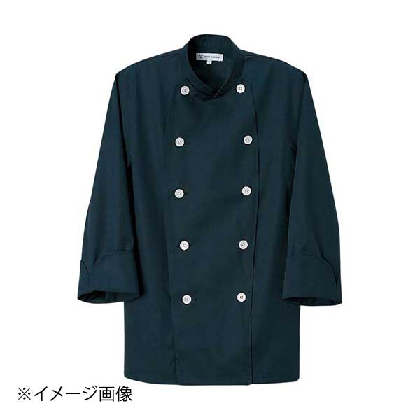 ●白いボタンが印象的なデザインコックコートです。●生地は抗菌防臭、制電糸入りです。●外寸(mm)：肩巾440、胸囲1040、着丈700●内寸(mm)：袖丈555●カラー：ネイビー●材質：ポリエステル65％、綿35％●メーカー型番：AA351...