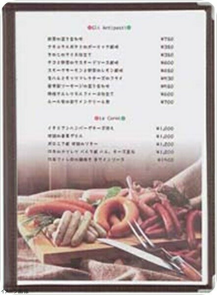 Slim-Bページの増減が容易なバインダー式!24ページまで増減可●バインダー式※各種名入承ります。※メニューブック中紙・メニュースタンド中紙・メニュー 替板及びビニールは10枚単位でお願いいたします。●中紙 洋19●ビニール 63色茶 幅...