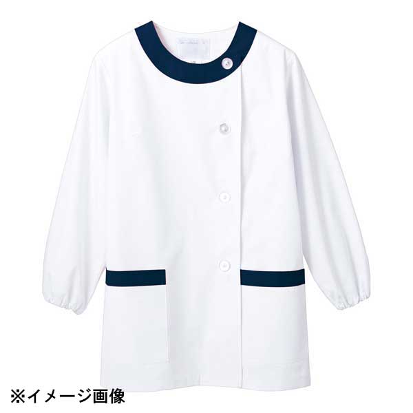 【サイズ】着丈_バスト_肩巾_袖丈(cm) 68_96_37_50【重さ】300(g)【カラー】白/紺【メーカー品番】1-091【スペック】●袖 ゴム入●抗菌O-157対応●襟とポケットにカラーを加え親しみやすいスタイルに。●吸汗性にすぐれ...