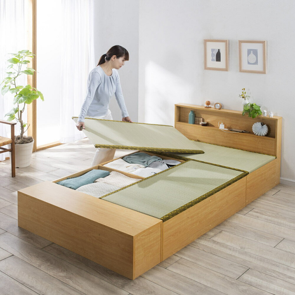爽やかない草の香りに包まれて眠る、あの懐かしいやすらぎ感を、お部屋のリフォームなしで楽しめる畳ベッドです。床に近く、安心感のある高さ31cm。内側は590Lという驚くほど大容量の収納庫で、たっぷり物をしまえます。5つのユニットに分割もできる...