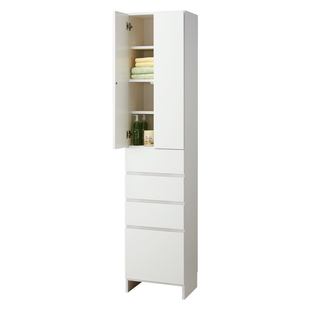 洗面所収納におすすめの組立不要の薄型収納チェスト。狭い洗面台まわりや洗濯機置き場で使える奥行23.5cmのスリムタイプです。別売の上置きを使えば天井まで収納できる日本製のサニタリーラックです。フラットなデザインでスッキリ見える奥行23.5c...