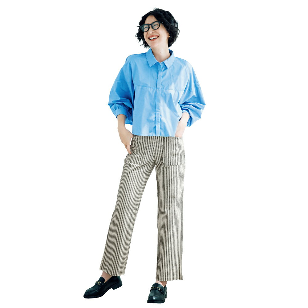 人気のヒッコリーが美シルエットにリニューアル。大きめパッチポケットがポイントのヒッコリーストライプ柄は、抜け感のあるカジュアルさが人気の理由。シルエットを見直して、よりスマートな印象のワイドストレートに仕上げました。ページ下部に画像の説明が...