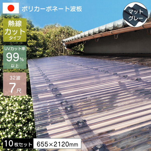 熱線（近赤外線）をカットし、可視光線を透過して暑さを和らげる「熱線カット」タイプのポリカ波板です。 耐衝撃性に優れ、ガラスと同等の透明度があるポリカーボネート波板です。 表面に特殊耐候処理を施し、紫外線による品質劣化を防いでいますので、変色...