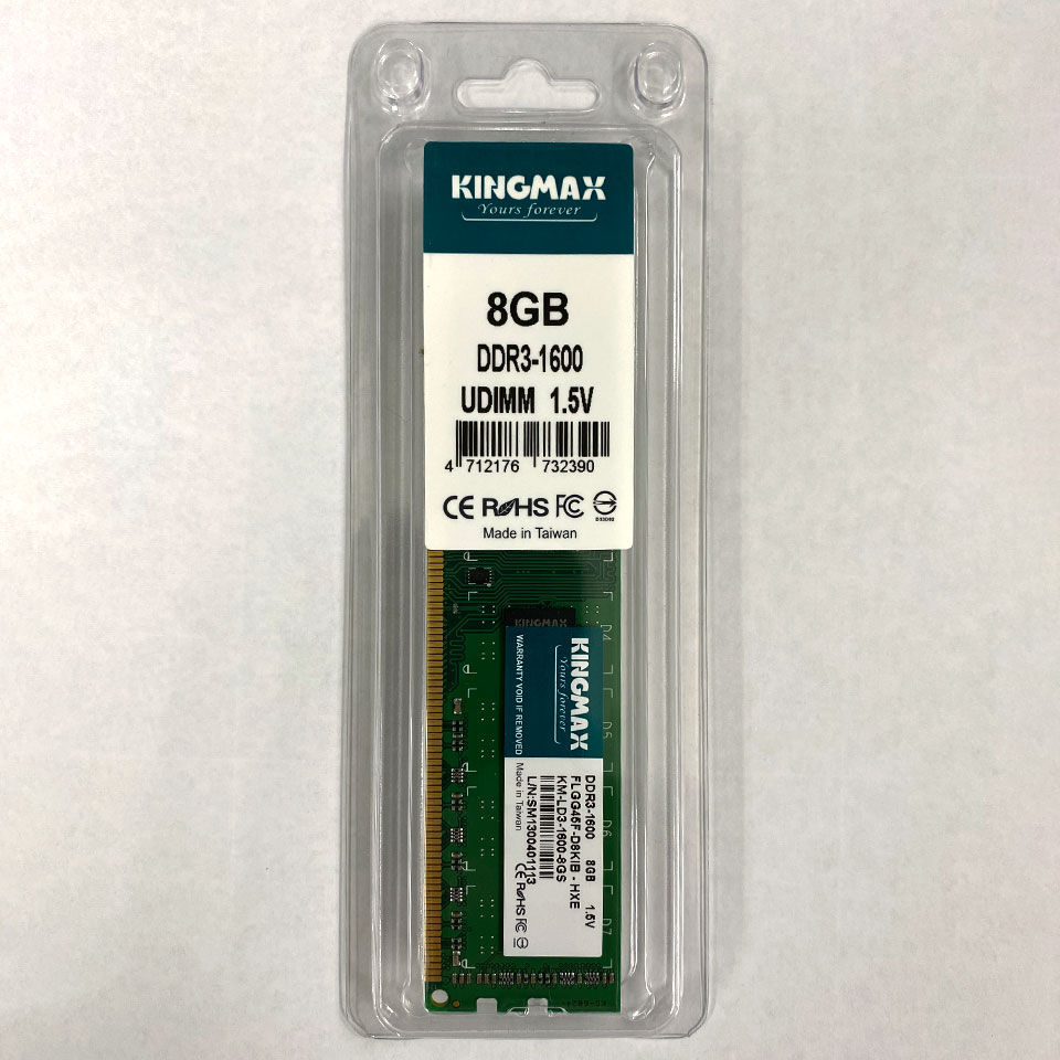 メモリータイプ：DDR3 U-DIMM周波数：1600MHz容量（シングルモジュール）：8GBピン数：240-Pinキャスレイテンシー：11-11-11-28電圧：1.5V動作温度：0〜70℃保証期間：メーカー保証5年