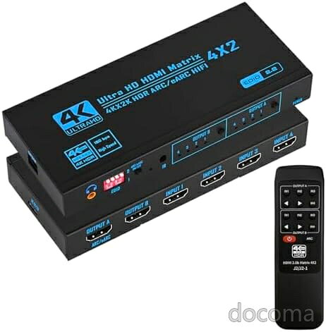 商品の特徴・【HDMIマトリックス4x2】この4入力2出力HDMIマトリックスは、4つの4K HDR信号元を2つのHDディスプレイまたはモニターに接続できます。また、Toslink SPDIF光ファイバーまたは3.5mm音声出力でHDMI入...