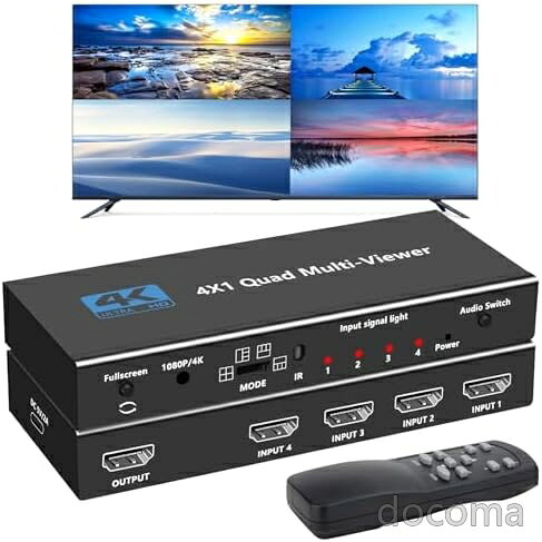 商品の特徴・【HDMI4x1クアッドマルチビューアー】このHDMI4x1画面分割切替器は、4系統のHD画面分割とシームレスな分割出力を備えた高性能切替器です。切替器の制御方法は柔軟で、ボタンとIR制御で切り替えることができます。取り付けが簡...