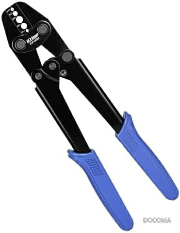 商品の特徴・全長:385mm、 重さ:1.1kg・圧着能力（ワイヤー径）：φ1.58〜2.0mm、φ2.5〜2.8mm、φ3.5mm、φ4mm、φ5mm・仕様：トグル機構・特徴：EDMカットダイス。左右の圧着部で、確実にかしめ(圧着) られ...