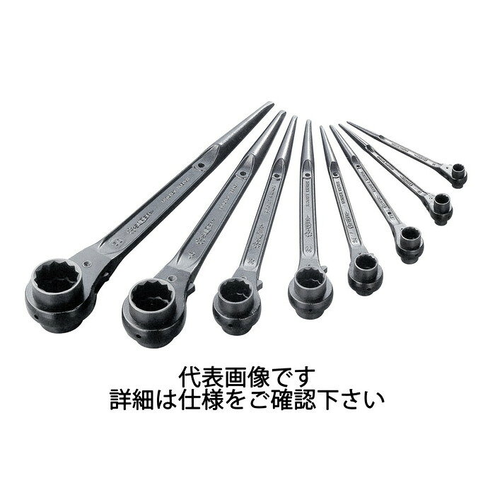 両口ラチェットレンチ 対辺17×19mm RN1719 【　特長　】●爪式は切換爪の窓が開口により砂かみの時は洗浄が簡単●安全ロープ取付穴を設けています(2ヶ所)●カチオン電着塗装で防錆効果抜群 【 仕　様 】●呼び：17×19●全長(mm...