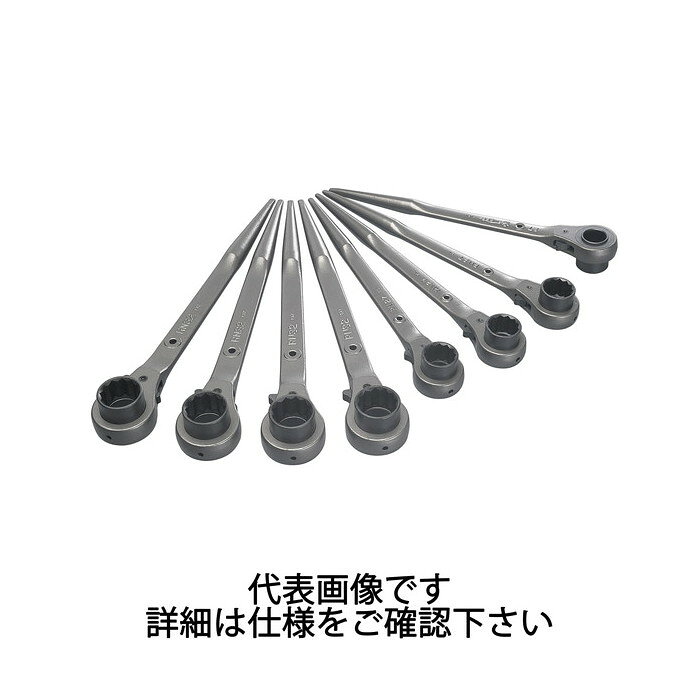 片口ラチェットレンチ 対辺30mm RN30 【　特長　】●正逆転操作は切換爪式●片側ソケット部が突出ていないため、狭い凹部での締付けに最適●メタリックグレー焼付塗装●切換爪の窓が開口により砂かみの時は洗浄が簡単●注油にて使用●安全ロープ取...