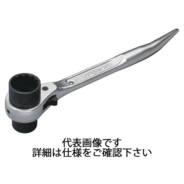 曲ガリシノ付・両口ラチェットレンチ ミニショートタイプ 対辺17×21mm SSR1721 【　特長　】●仮設足場・住宅施工等に最適なショートタイプ●番線締付けに最適な曲りしの付ラチェットレンチ●安全ロープ取付穴を設けています●より小さく、...