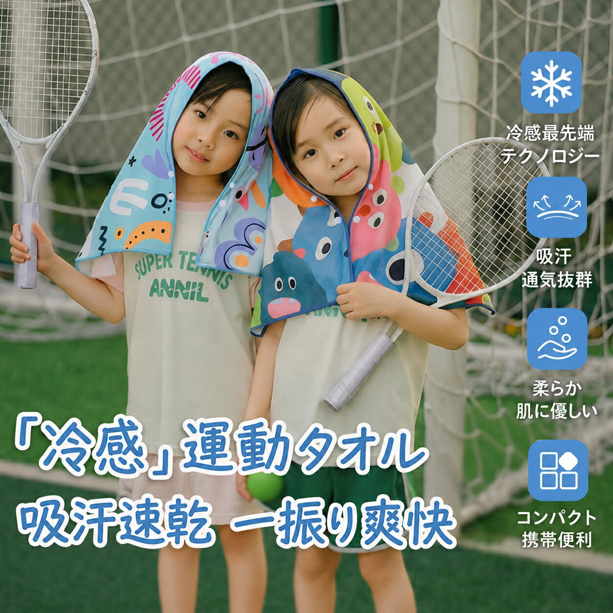 「冷感」キッズスポーツタオル 商品特徴 【最新冷感テクノロジーでひんやり快適】 特殊な冷感繊維を使用しており、タオルを振るだけで温度が下がり、 汗をかいた後も即座に涼しく感じられます。 UPF対応ではありませんが、汗による蒸れを抑え、長時間...