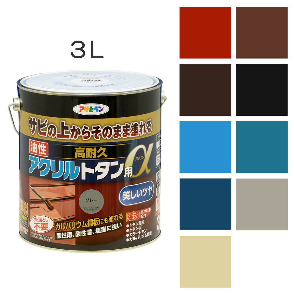 サビの上からそのまま塗れる塗料プレミアムグレードのトタン用上塗り塗料 カラー：黒、赤さび、こげ茶、オーシャンブルー、スカイブルー、グレー、新茶、ニュークリーム、なす紺 1回塗り 特長 ●サビの上から直接塗れる、トタン用の高光沢塗料です。 ●...