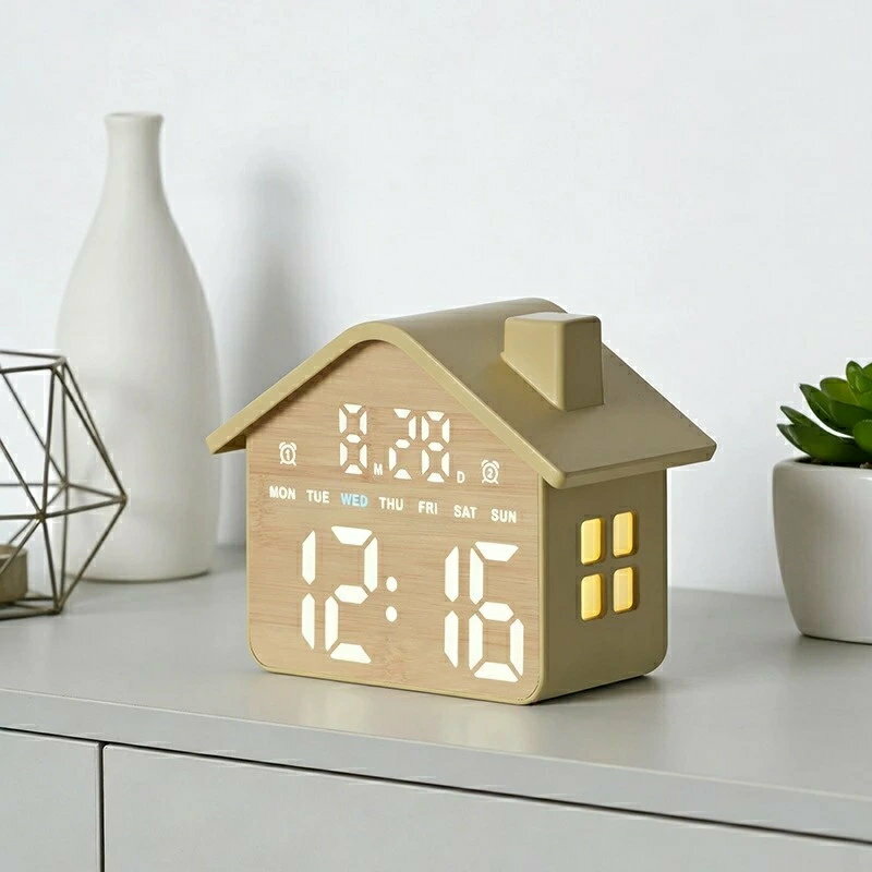 商品説明 「まるで小さな家のような、ほっこりするデザインの LED 目覚まし時計」 ナチュラルな木目調とコットンリネン調の 2 種類から選べる、北欧風の小屋型時計です。寝室の目覚ましはもちろん、リビングのインテリアや、ベッドサイドの間接照明...