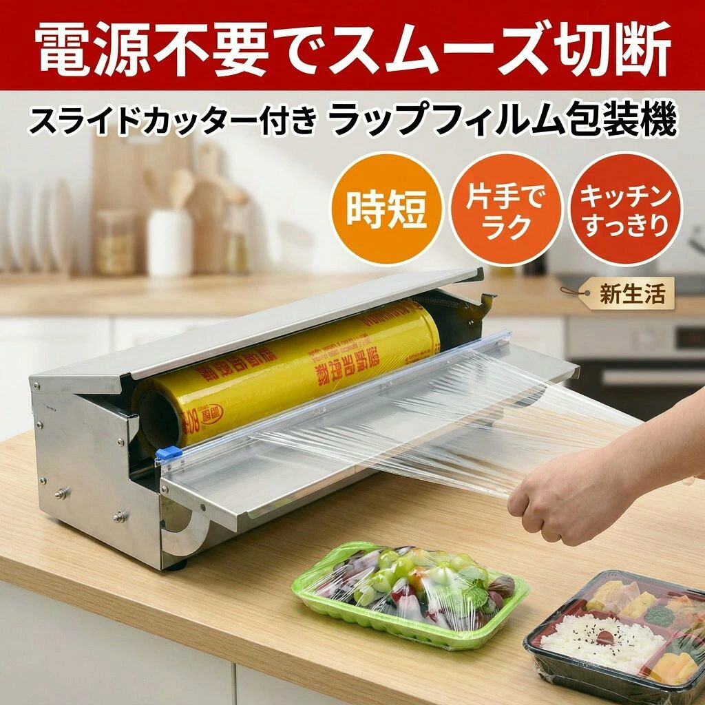 使用方法は商品ページ下の動画操作をご覧ください。電力を必要とせず、簡単に切断できます、簡単操作、小型軽量、家庭用業務用。シンプルなラップ包装機，主に果物屋や生鮮スーパーなどで使われています。ステンレス鋼製、防食減摩。電源投入がなく、エネルギ...