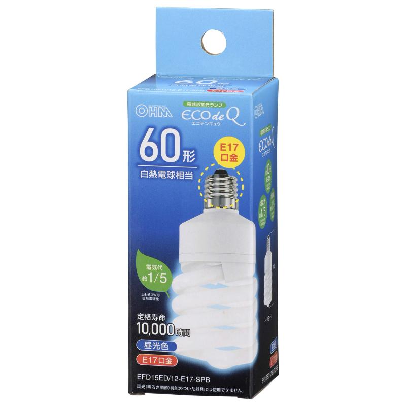 オーム電機 電球形蛍光灯 スパイラル形 E17 60形相当 昼光色 エコデンキュウ EFD15ED/12-E17SPB 06-3775 OHM定格寿命10000時間で約10倍長持ち当社60W形白熱電球比電気代、発熱量が約1/5当社60W形白...