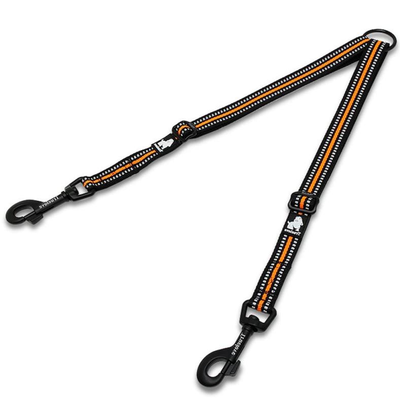 cocomall 犬用リード 2頭引き リード ペット用品 小型 、中型 、大型犬適用 牽引ロープ 散歩ひも 二匹の犬 多頭飼い お出かけ用 便利 丈夫 安全確保 ナイロン製 リード (L, オレンジ)サイズ：長さ45.5~68cm　幅2....