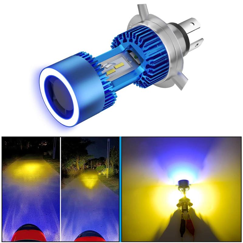 POOPEE バイクLEDヘッドライト H4/HS1 Hi/Lo ledバルブ コードレス 一体型 30W DC9-36V 高輝度 3200LM 防水 無極性 冷却ファン搭載 イエロー&amp;ブルーエンジェル 3000K 純正交換用【高輝...
