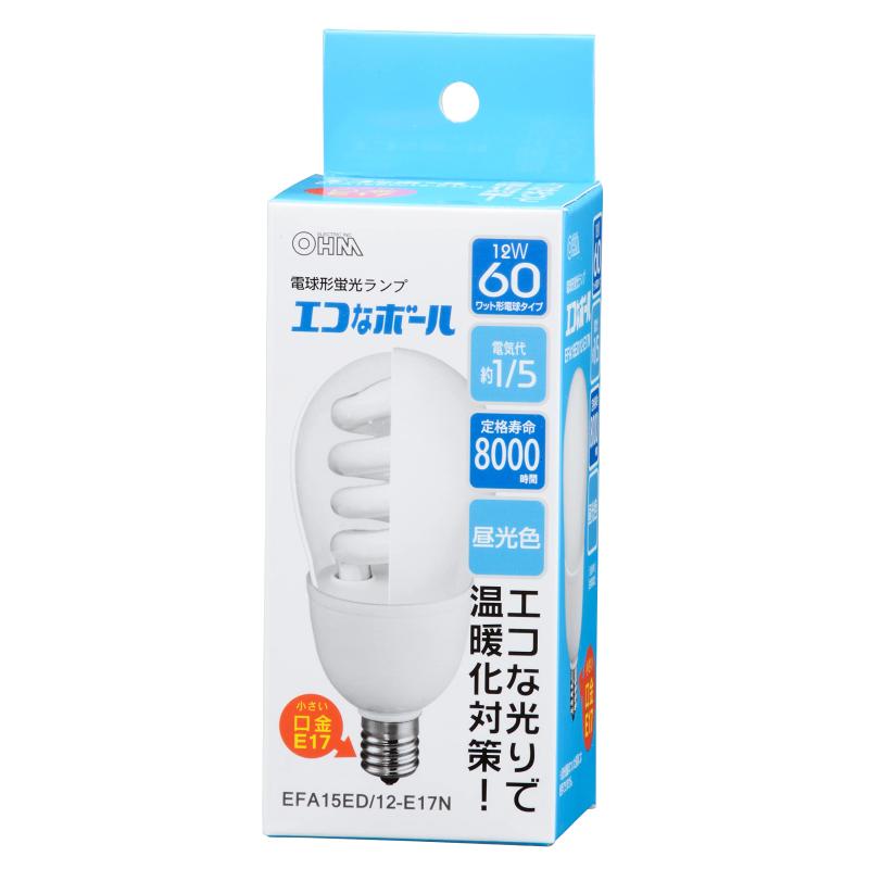 エコなボール60W形口金E17昼光色 EFA15ED/12E17N EFA15ED/12-E17N口金：E17寸法：外径55mm、全長117mm、質量：73g定格消費電力：12W、定格入力電流：0.20A全光束：720ルーメン定格寿命：80...