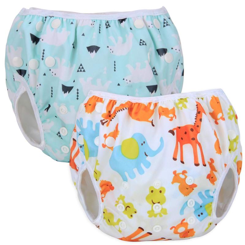 Teamoy 水遊びパンツ 2点セット 0-3歳 赤ちゃん用 ボタンでサイズ調整可能 防水外層 ポリエステルメッシュ内層 オムツカバー スイミング教室・公園・海水浴・プール(動物世界+白熊)対象：0～3歳ベビー。スイミング教室、公園、海、プ...