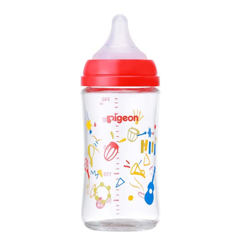 PIGEON ピジョン 母乳実感 哺乳びん 240ml 3ヵ月頃~ 早く冷める耐熱ガラス製 Music ミュージック キズがつきにくく衛生的 赤3カ月から、母乳実感乳首M（スリーカット）付き哺乳の3原則「吸着（きゅうちゃく）」「吸啜（きゅう...