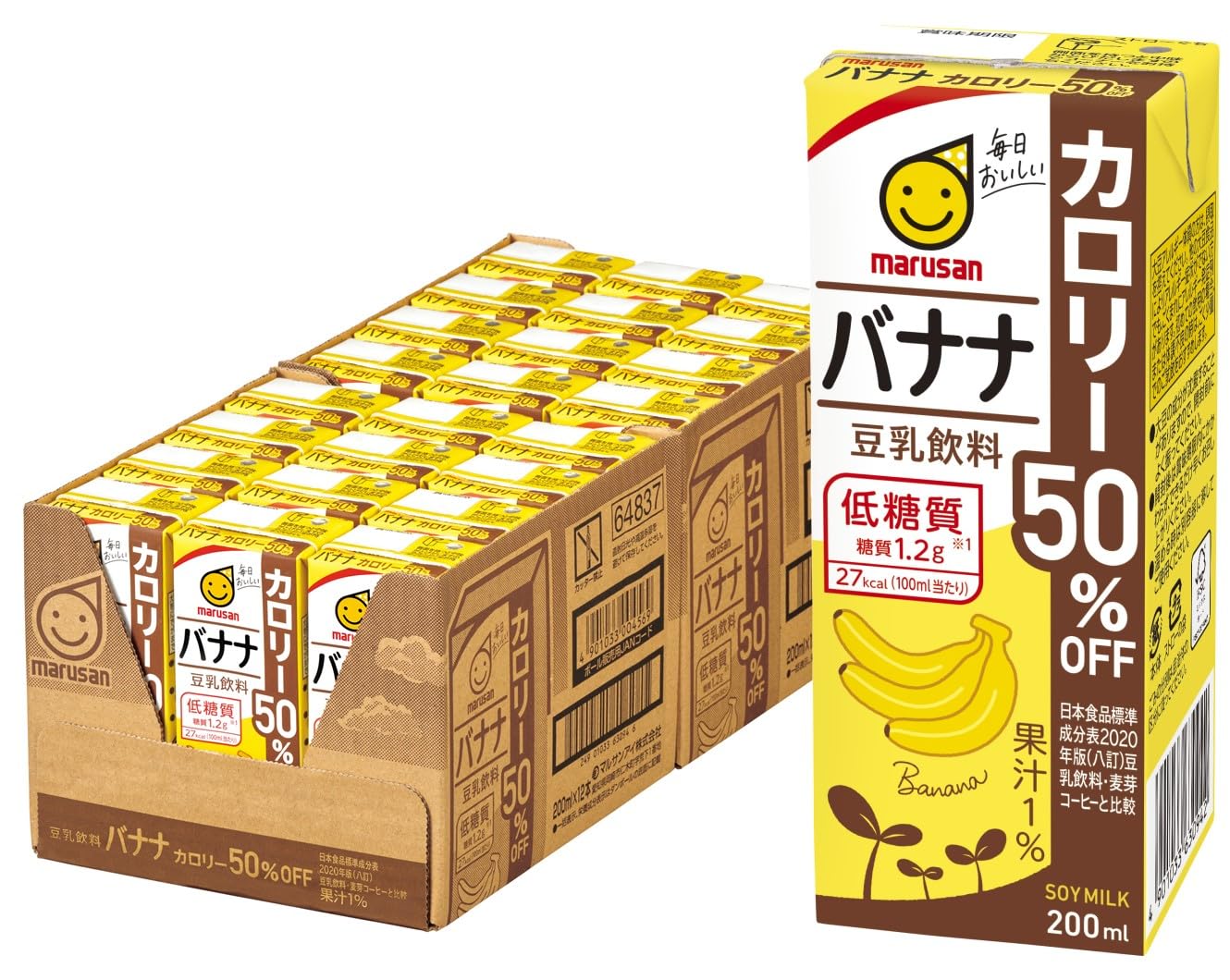 商品情報 商品の説明 商品紹介 標準的な豆乳飲料(日本食品標準成分表2010豆乳飲料麦芽コーヒー)と比較し、カロリーを50%オフしました。バナナ果汁を加え、おいしい豆乳に仕上げました。 日本バナナ輸入組合ではダイエット食としてバナナを紹介し...