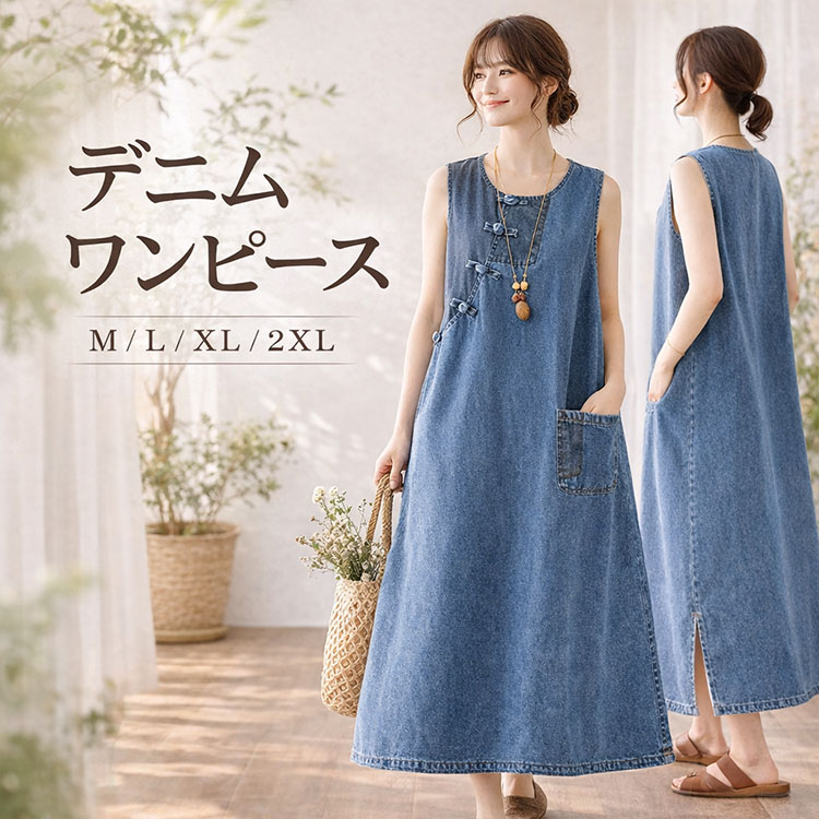 大人カジュアルに映える ノースリーブデニムワンピース カジュアルなデニムに、上品な印花デザインを組み合わせた一着。 ラフさと女性らしさを兼ね備え、大人の余裕を感じさせるスタイルを演出します。 ■ 商品のポイント ● デニム×印花デザイン カ...