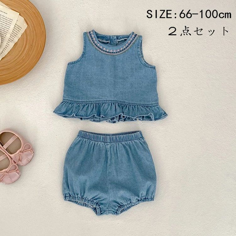 2点セット ベビー 女の子 夏服 かわいい おしゃれ 半袖 ノースリーブ ブラウス パンツ ブルマ セットアップ セパレート ショートパンツ 上下セット ベビー服 赤ちゃん 赤ちゃん服 コットン 綿 春 夏 シンプル 出産祝い 送料無料ベビ...