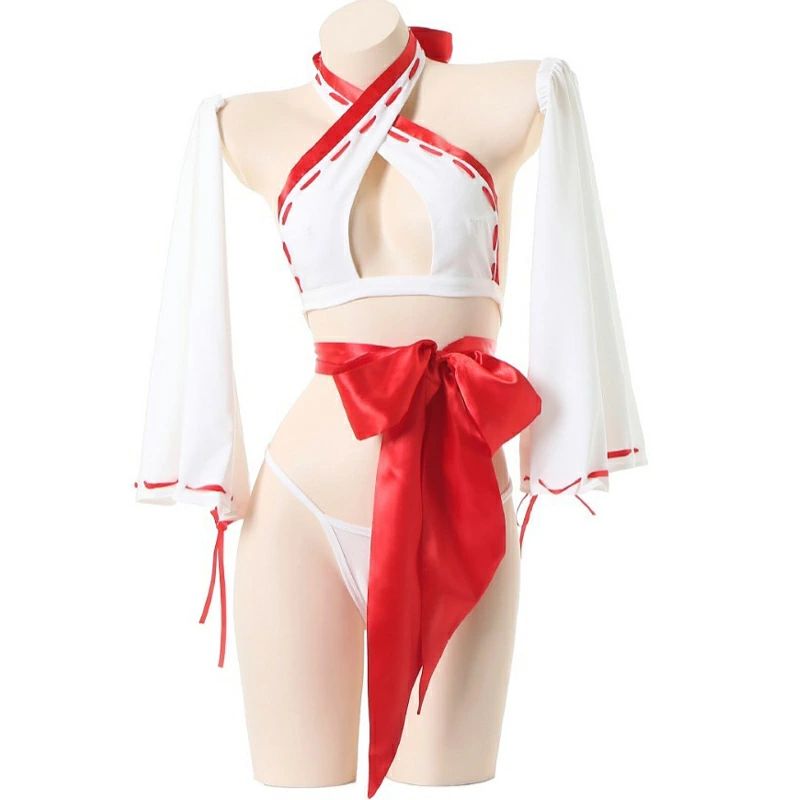 ■■コスプレファッション■■ セクシー巫女コスチューム♪ ★セクシーかわいい！腰紐、トップス、ショーツ、付け袖付き巫女コスチュームです♪ ★ショーツ：入荷時期により、ウエスト結びタイプに変更される場合がございます。 ★付け袖:履き口ゴム仕様...