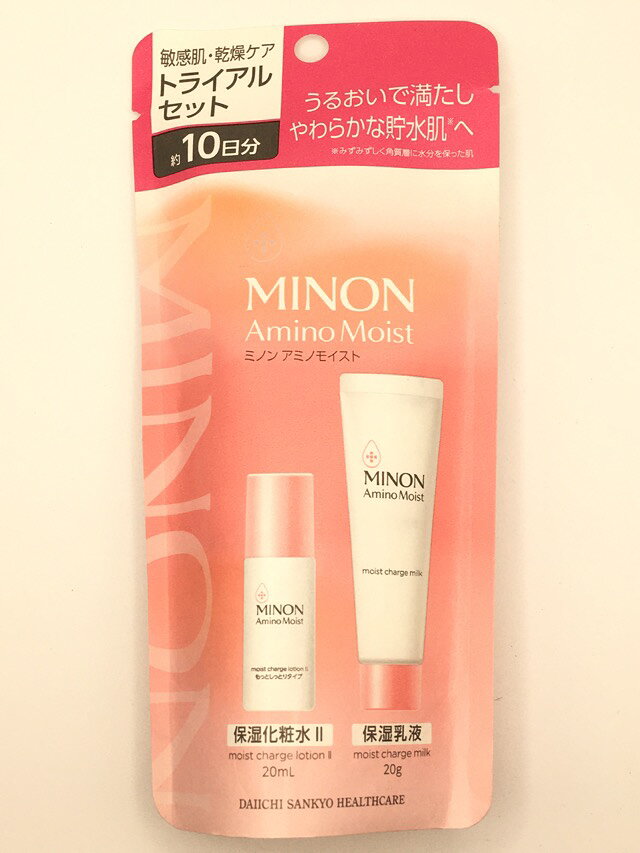 □商品説明 ●乾燥しやすい肌、季節の変わり目などでゆらぎやすい敏感肌に ●うるおいで満たし やわらかな貯水肌へ※ ●敏感肌・乾燥ケア トライアルセット ●約10日分 ※みずみずしく角質層に水分を保った肌 【販売名】 化粧水：ミノンアミノモイ...