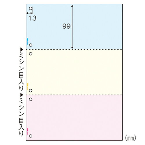 ●色で区別しやすく、伝票の整理がしやすい。●レーザー、インクジェット、コピー機などで出力OK。●業務に合わせて、さまざまな専用伝票が作れます。●入数：100枚●規格：A4判3面カラー●1片寸法：横210×縦99mm●穴数：6穴●穴間隔：80...