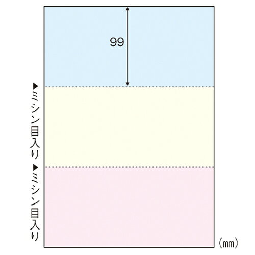 ●色で区別しやすく、伝票の整理がしやすい。●入数：100枚●規格：A4判3面カラー●1片寸法：横210×縦99mm●紙厚：0.08mm●対応プリンタ：モノクロレーザー，カラーレーザー，インクジェット，モノクロコピー，カラーコピー●JANコー...