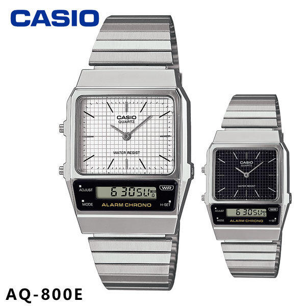 - CASIO - AQ-800E - 商品説明文 - 1980年代発売のAQ-450をモチーフにし、レトロとスタイリッシュが融合した新型モデルです。 文字板と液晶が独立したデザインで、アナログの美しさとデジタルの機能性を両立。 アナログ文...