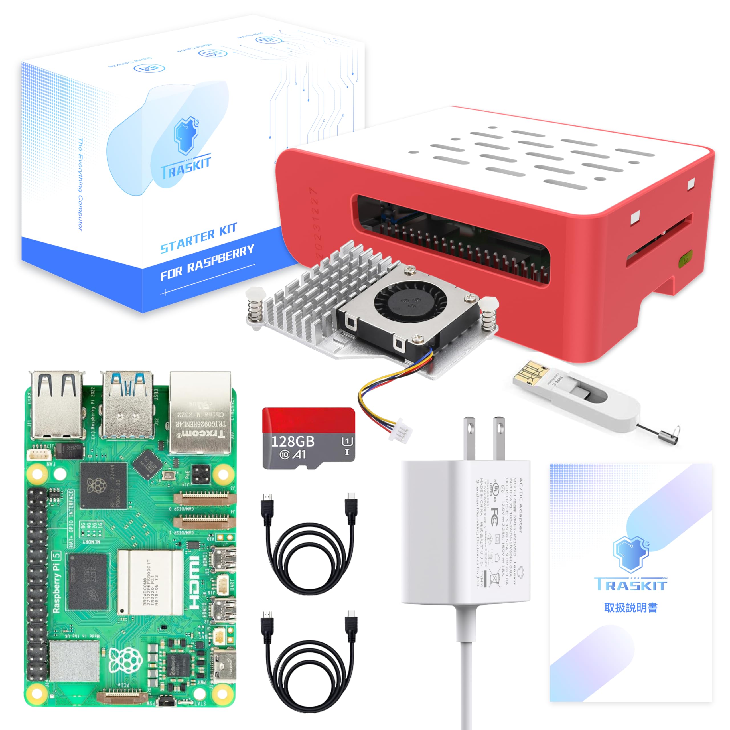・パッケージ内容：Pi 5 8GB（技適マーク付）、赤・白ケース、アクティブクーラー、27W USB-C PD 電源（PSE認証）、カードリーダー、128GB microSDカード（Pi OSインストール済）、4K対応ケーブル x 2本、ド...