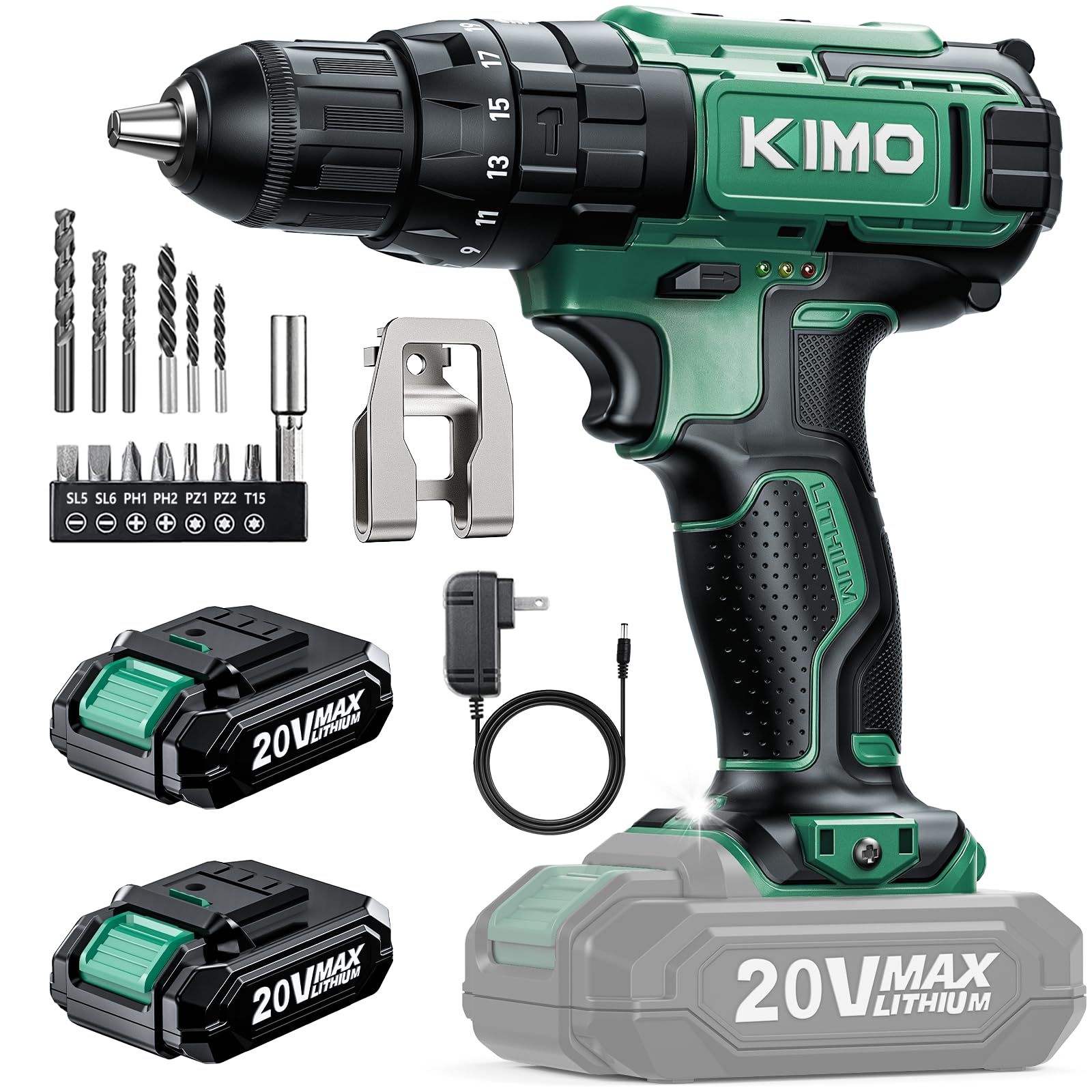 ・【20V高性能バッテリー*2搭載|電動ドライバーとしても使える長時間駆動モデル】KIMO電動ドライバー兼用モデルには、20V 2000mAhの大容量リチウムイオンバッテリー*2が標準搭載されており、強力なパワーと最大60 minの連続作業...