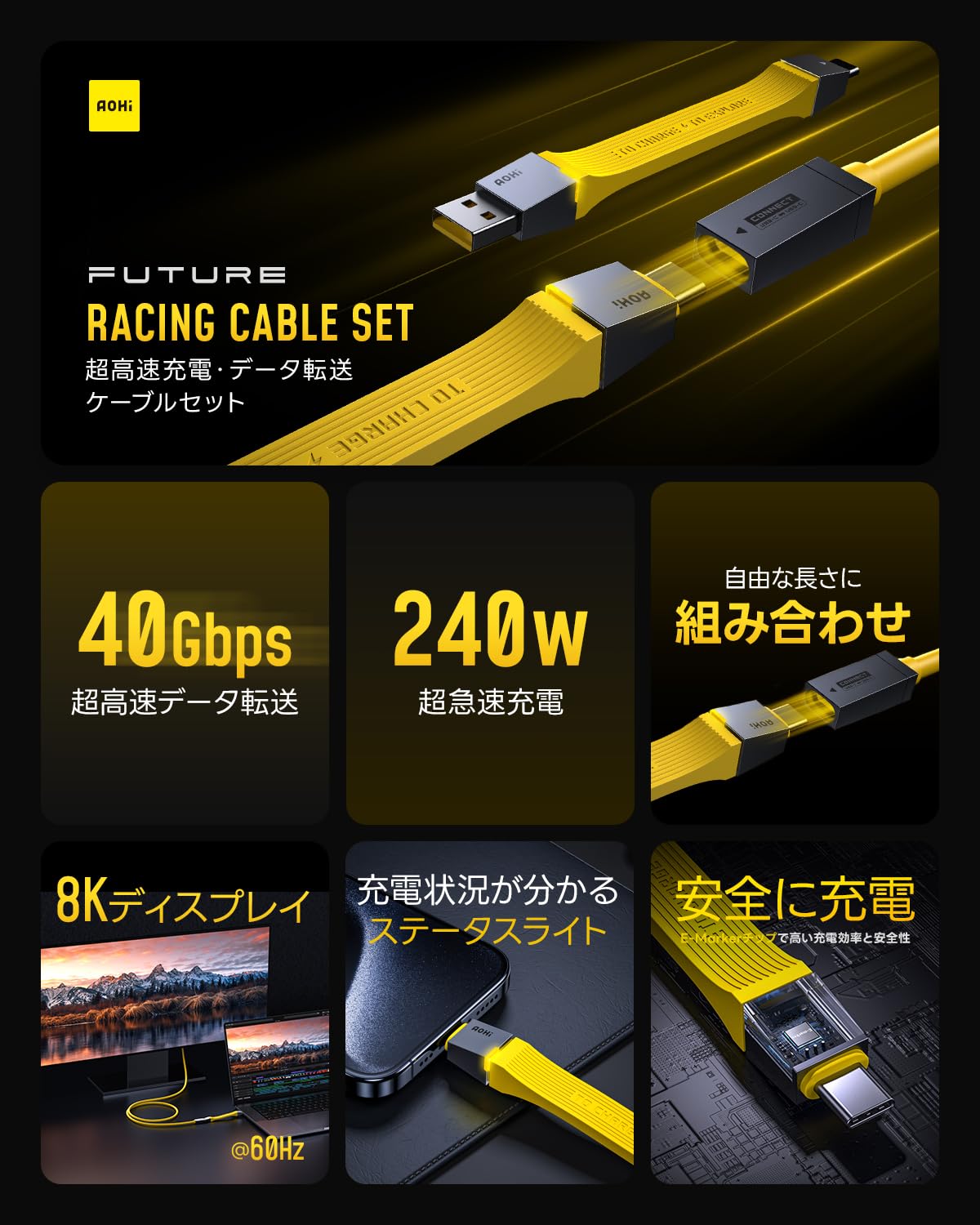 ・1.【可連結 4-in-1 USBC ケーブル 】この aohi の革新的な連結可能な USB 4 ケーブルセットには、3 本のケーブルが含まれています。(1) ショートケーブル：USB C から USB C、13CM（USB4）(2) ...